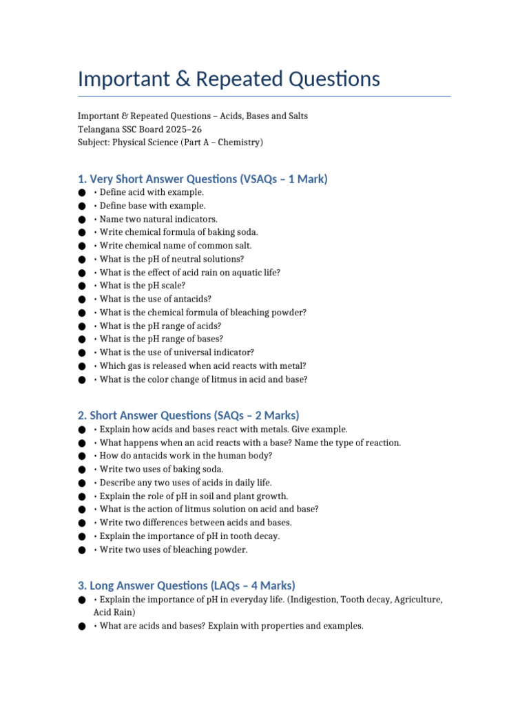Acids Bases Salts Important Questions | PDF