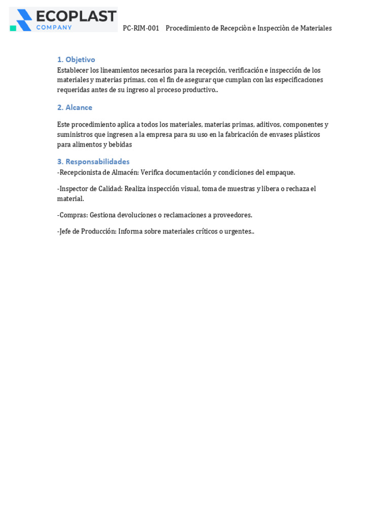 PC-RIM-001 Procedimiento de Recepciòn e Inspecciòn de Materiales | PDF | Calidad (comercial)