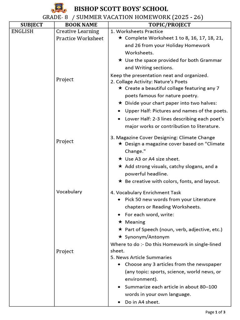 Grade - 8 - Summer Vacation Holiday Homework - 2025-26 | PDF | Computer ...