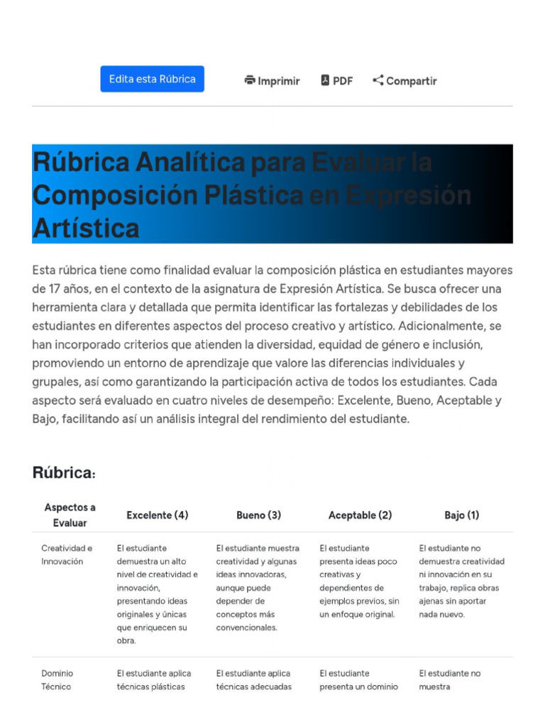 Rúbrica Analítica para Evaluar La Composición Plástica en Expresión Artística | PDF