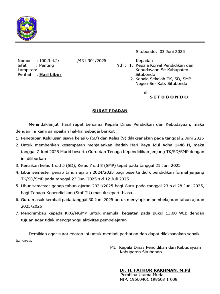 Edaran Libur Semster 2 2025 | PDF