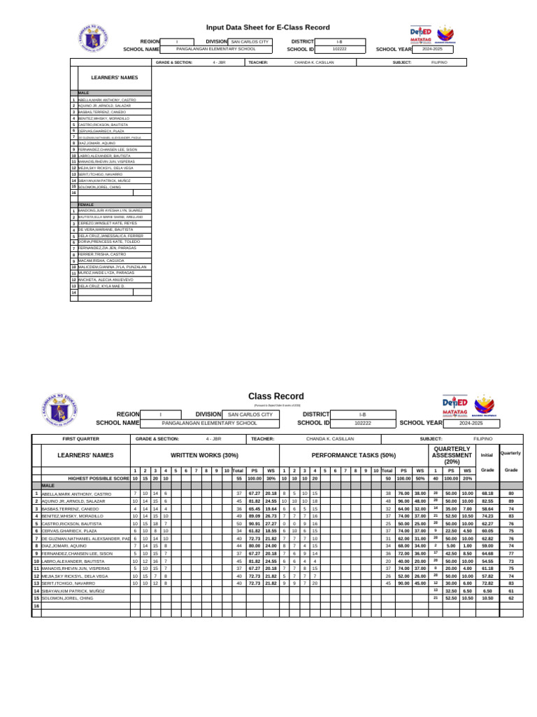E-Class Record for Pangalanan School | PDF | Philippines