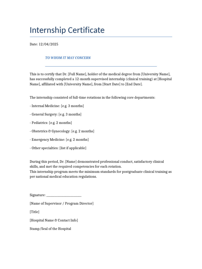 Medical Internship Completion Certificate | PDF