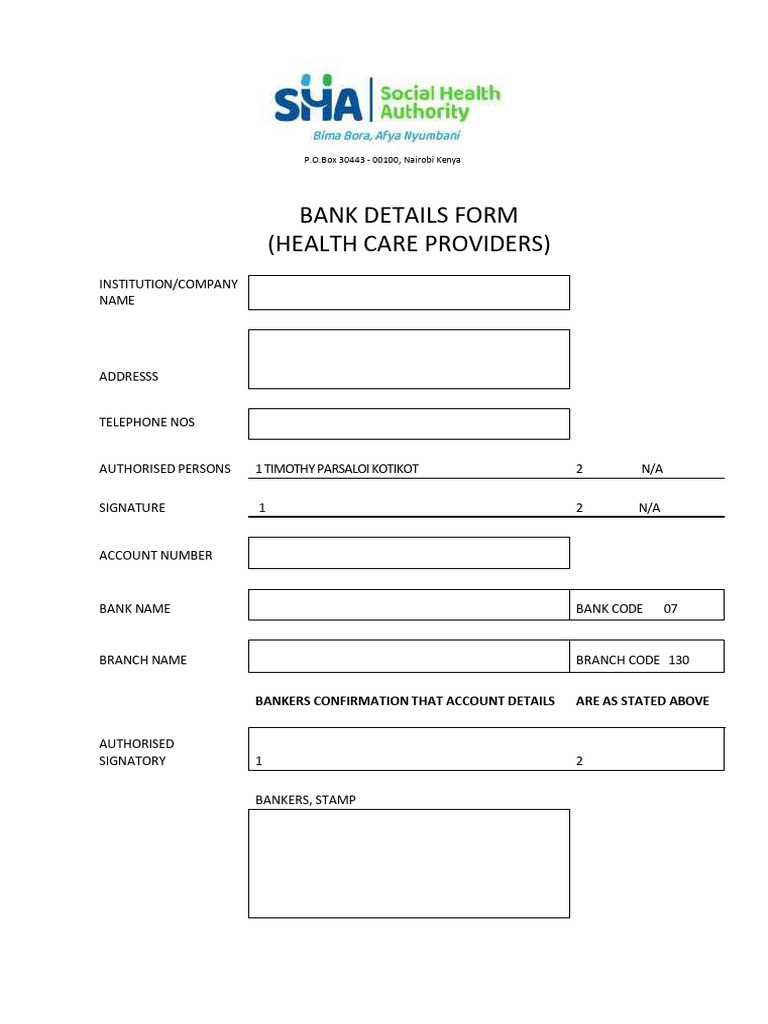 SHA Bank Details Form for Healthcare Providers | PDF