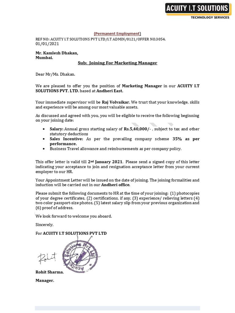 Acuity IT Marketing Manager Offer Letter | PDF | Salary | Employment
