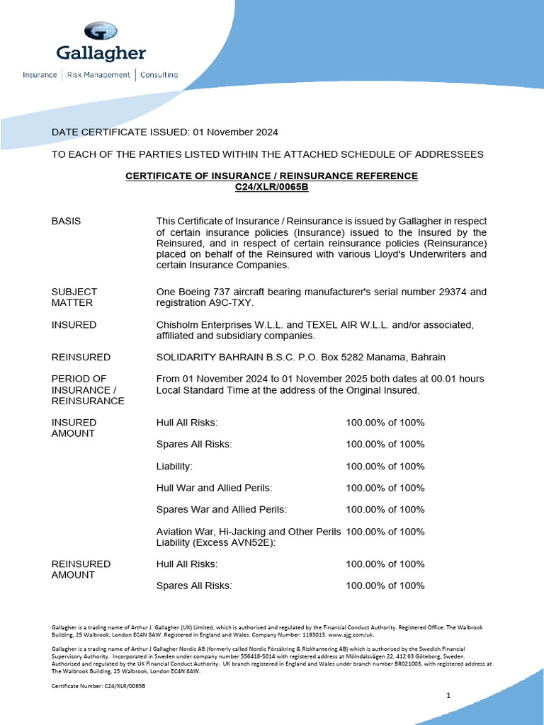 Insurance-Certificate 1732863593 2 | PDF | Reinsurance | Insurance