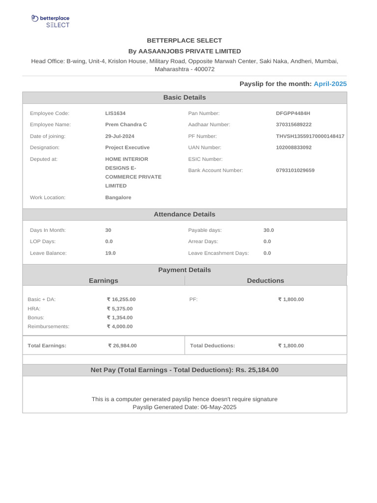Payslip April-2025 | PDF