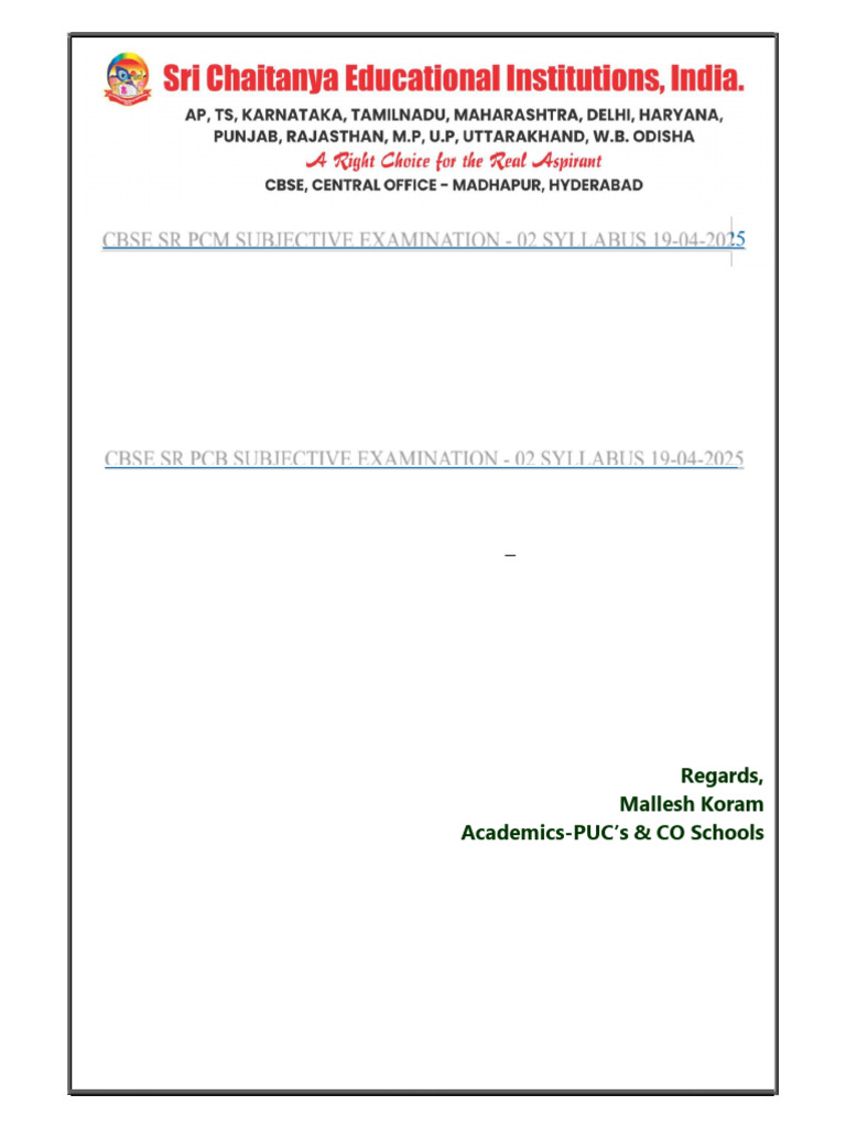Cbse SR PCM & PCB Subjective Examination 02 Syllabus 21-04-2025 | PDF