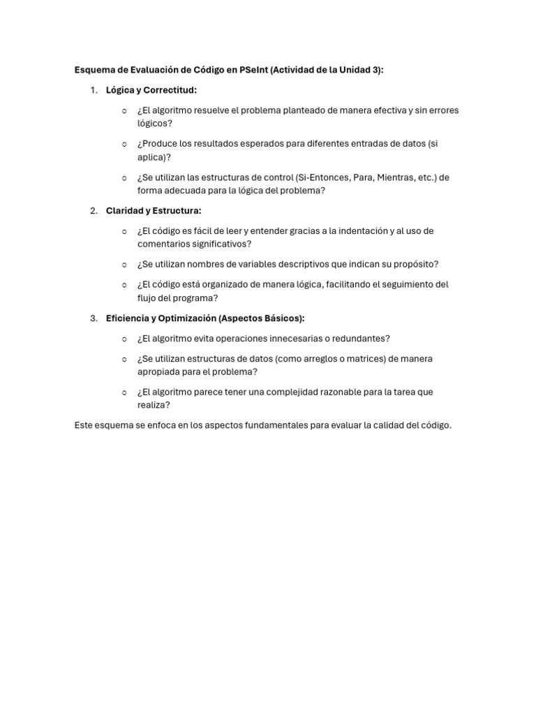 Esquema para Evaluar Código en PSeInt | PDF