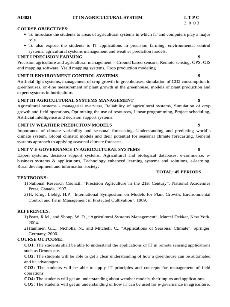 Ai3021 - It in Agricultural System Syllabus | PDF | Agriculture
