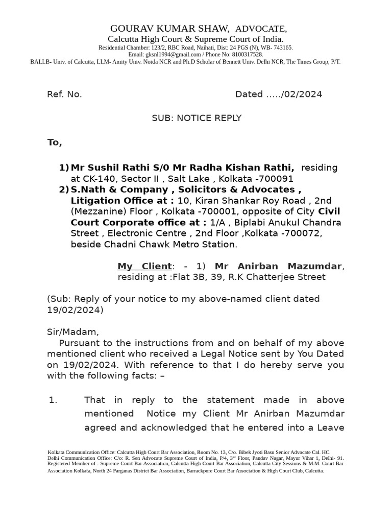 Legal Notice Reply Anuska's DOC | PDF | License | Advocate