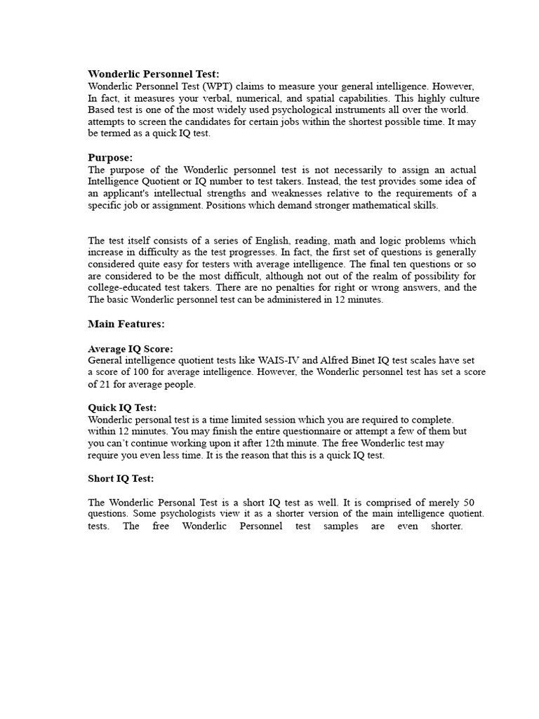 Wonderlic Personnel Test | PDF