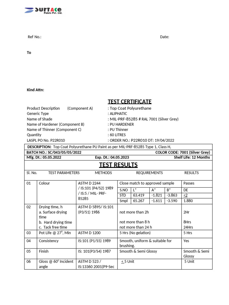 TC - Pu - Paint Mil PRF 85285 Ty I Class H Colour #Ral 7001 | PDF
