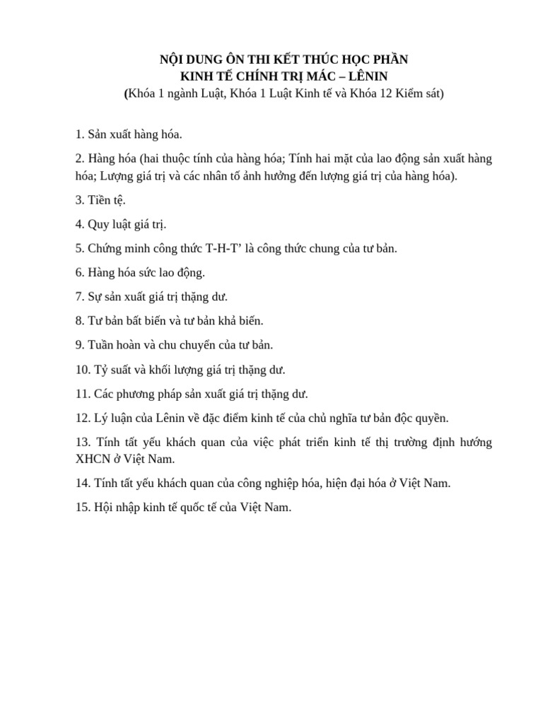 Nội Dung Ôn Thi Kết Thúc HP KTCT M - LN | PDF