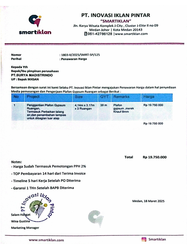Penawaran Harga Pengerjaan Platform Gypsum | PDF
