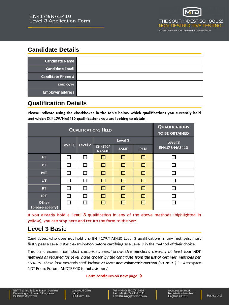 EN4179-NAS410 Level 3 Application Form | PDF | Nondestructive Testing ...
