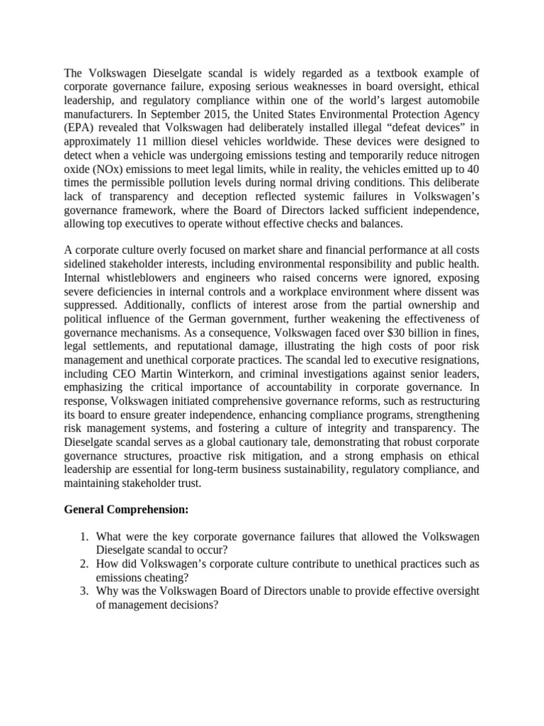 Volkswagen Dieselgate: Governance Failures | PDF | Governance ...