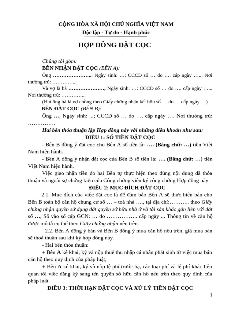 Mau Hop Dong Dat Coc Nha Chung Cu Chuan Luatvietnam 1303164817 | PDF