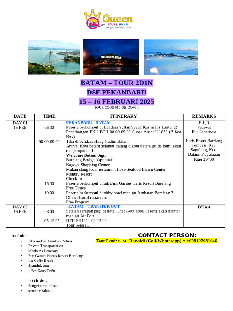 Final - Confirmation - BATAM 2D1N | PDF