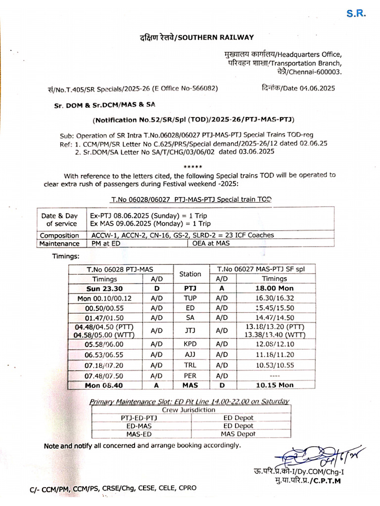 52 Sr Intra Special Train Tod Ptj-mas-ptj[1] | PDF