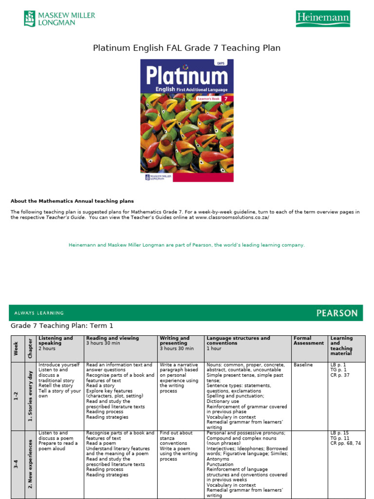 Platinum English Fal Grade 7 Teaching Plan | PDF | Adjective | Verb