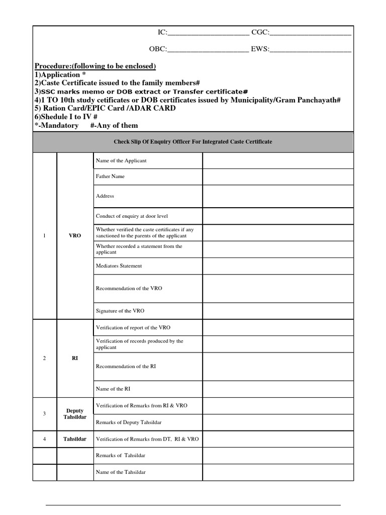Certificates Check List IC CGC OBC EWS | PDF