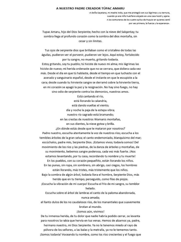 5°U3 - S2 LECTURA Y ACTIVIDADES - A Nuestro Padre Creador Túpac Amaru ...