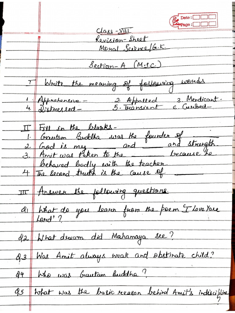 Class VIII Moral Science GK Revision Sheet | PDF