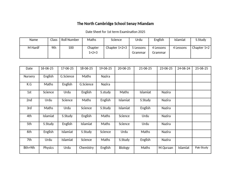 Date Sheet 2025 | PDF
