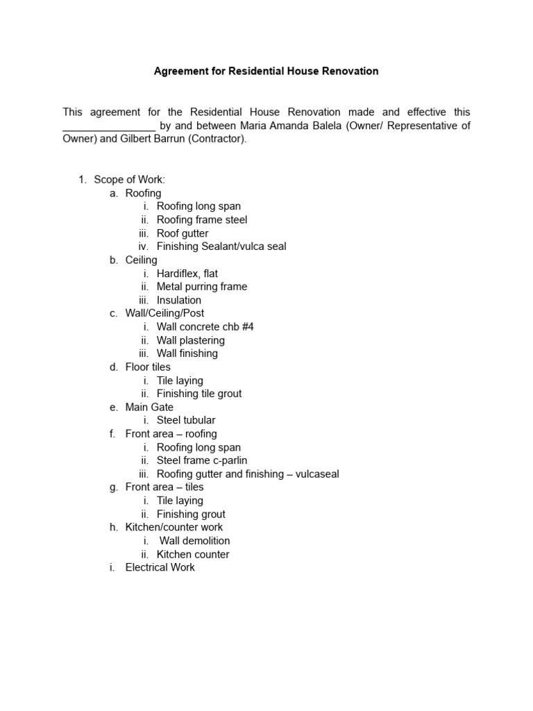 Agreement For Residential House Renovation | PDF