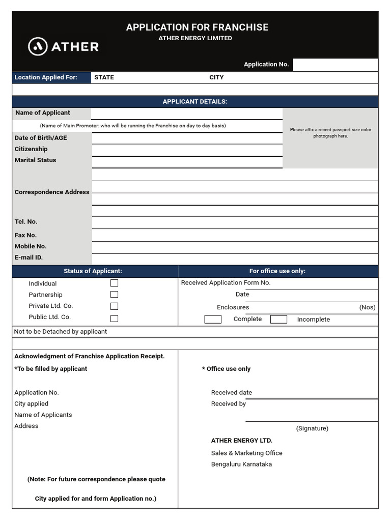 Ather Energy Franchise Application Form | PDF | Taxes | Revenue