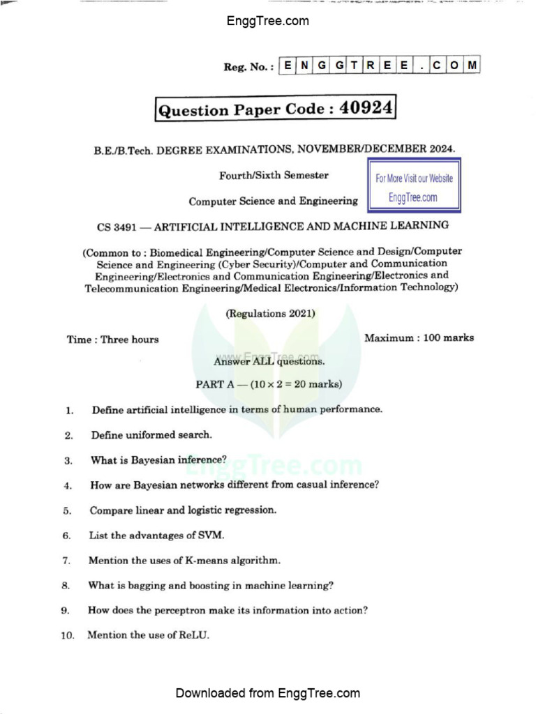 CS3491 Artificial Intelligence and Machine Learning Nov Dec 2024 Question Paper Download | PDF