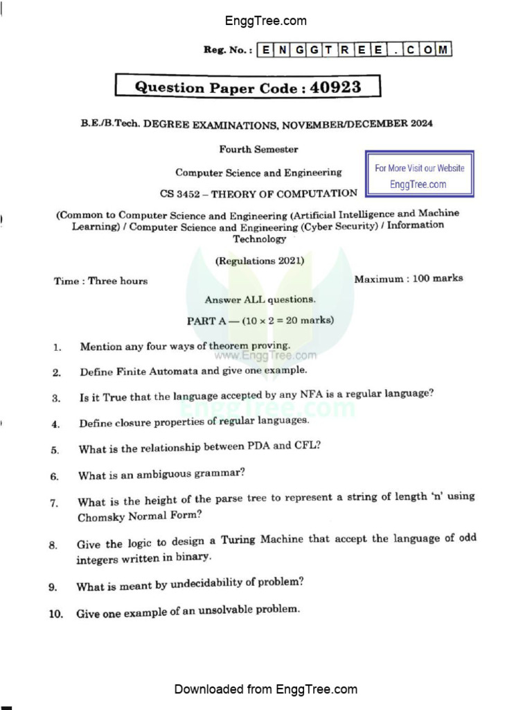 CS3452 Theory of Computation Nov Dec 2024 Question Paper Download | PDF