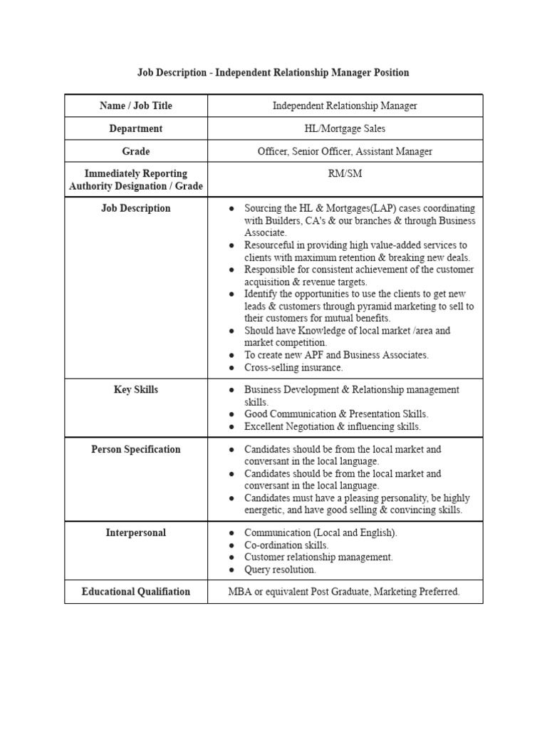 Job Description - Independent Relationship Manager Position | PDF ...