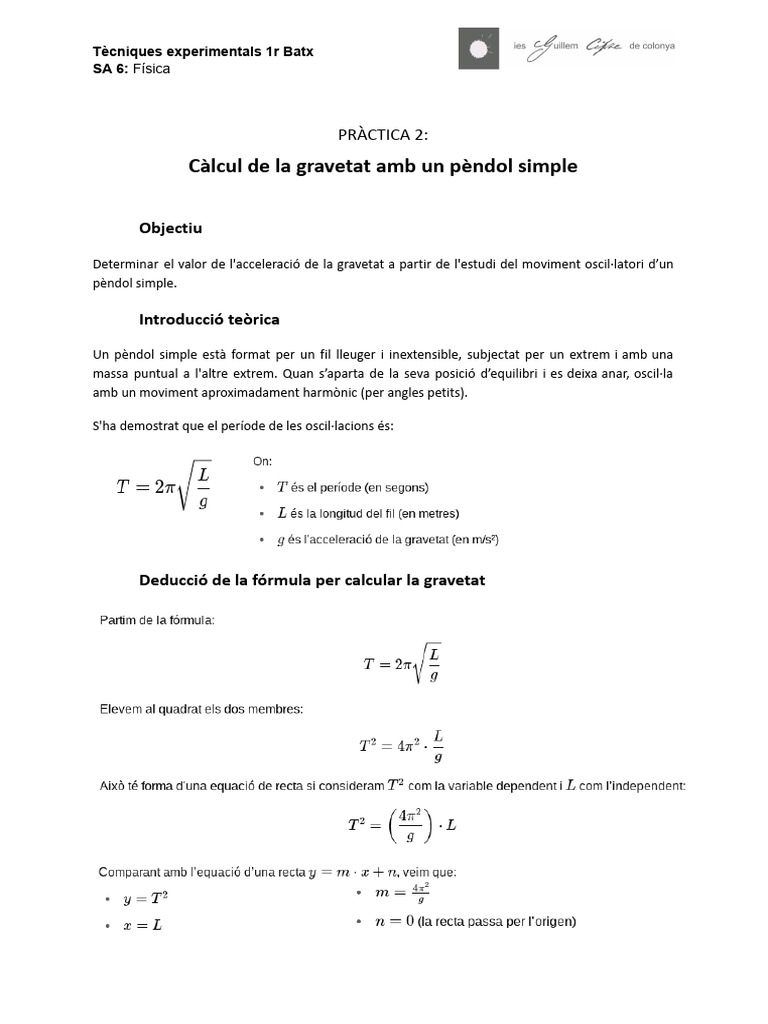 Càlcul de La Gravetat D'un Pèndol | PDF