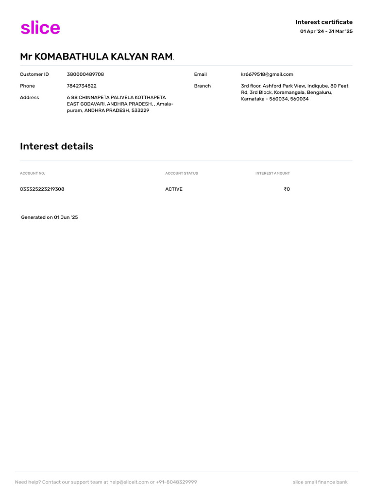 Slice Bank Savings Interest Certificate FY 24 25 | PDF