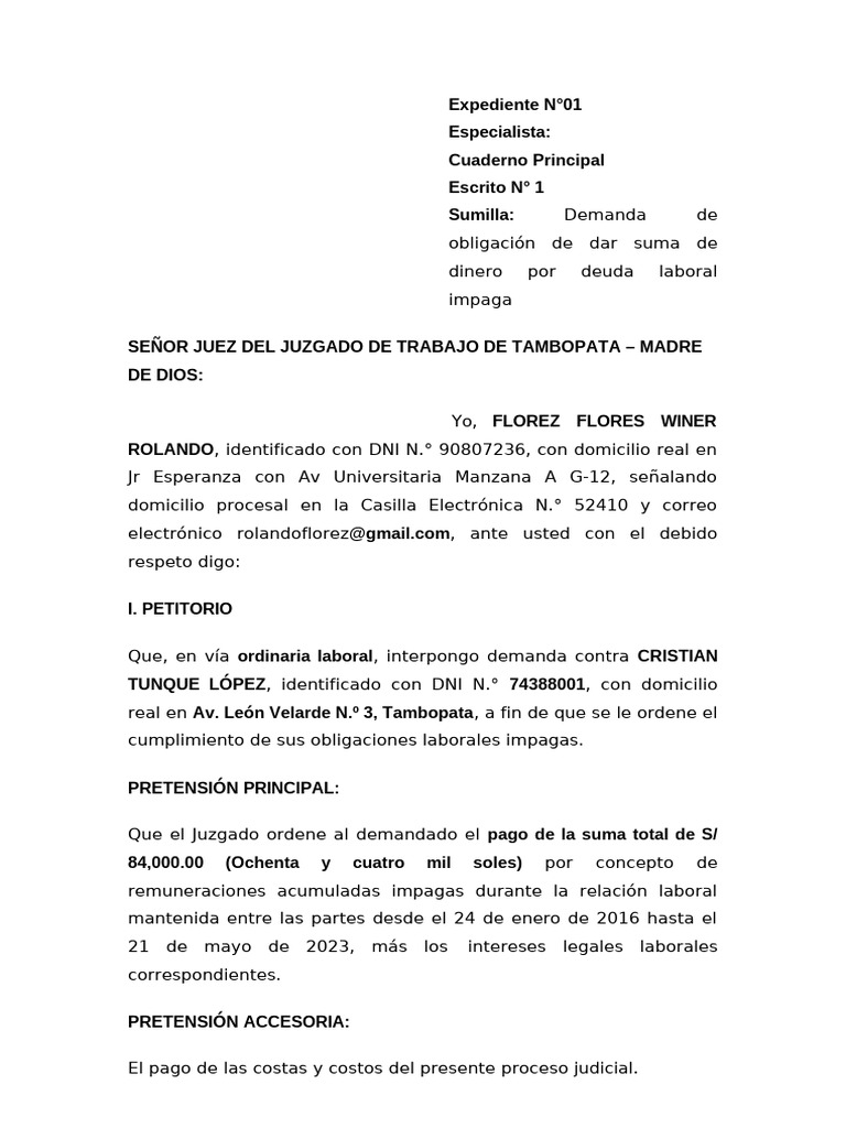 Documento1 2 | PDF | Demanda judicial | Derecho laboral