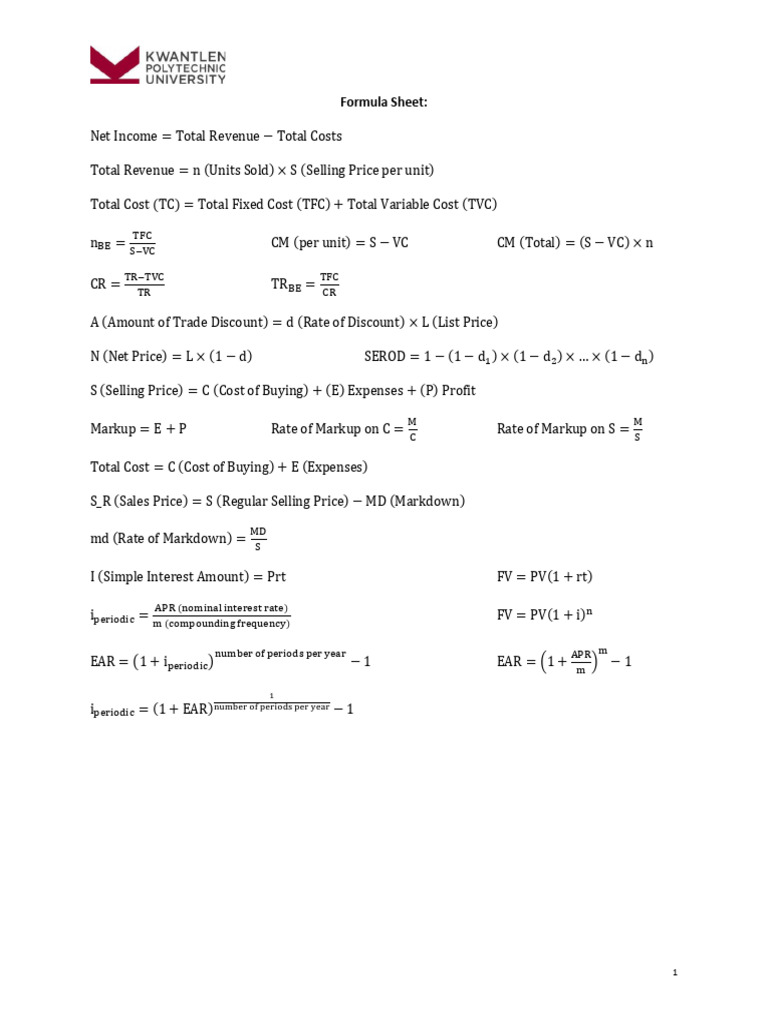 Formula Sheet - Midterm 1 | PDF