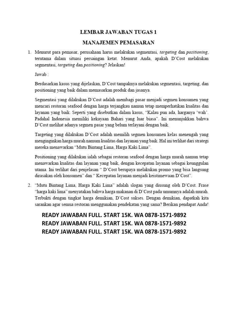 Lembar Jawaban Tugas 1 Manajemen Pemasaran | PDF