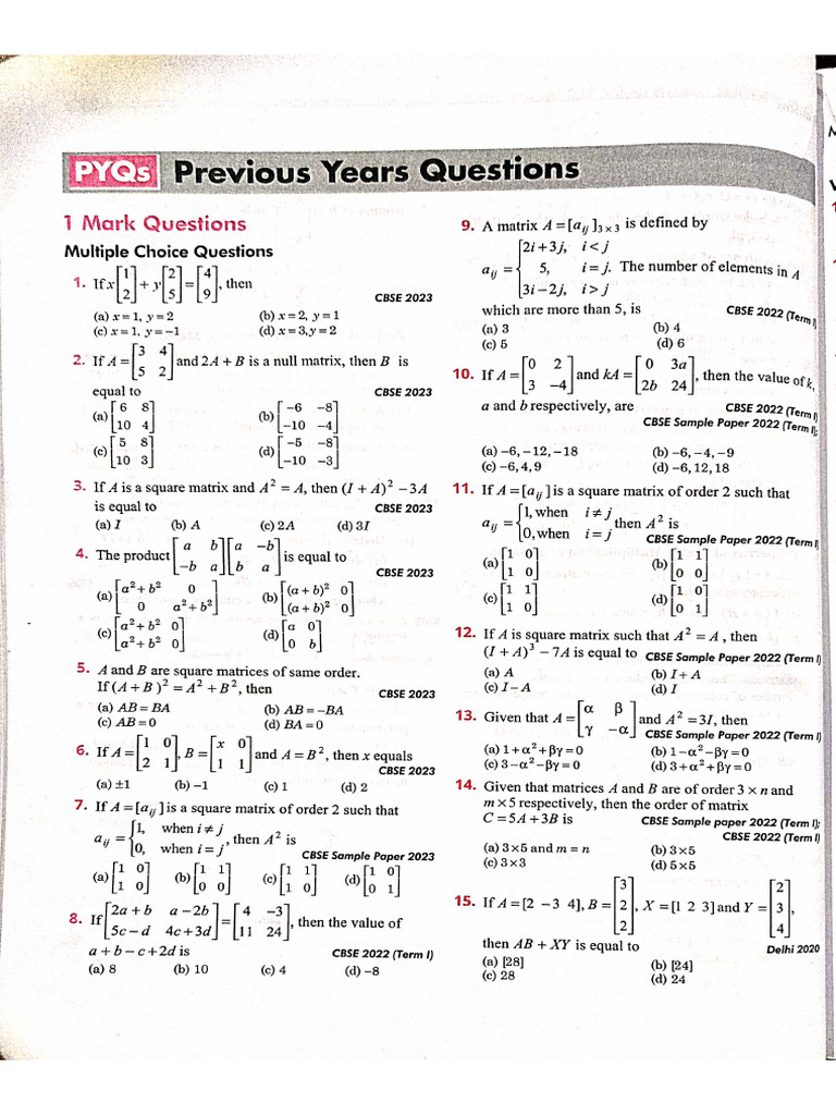 PYQ of Matrix CBSE 12 | PDF
