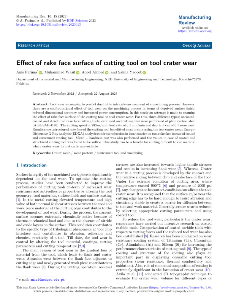 Effect of Rake Face Surface of Cutting Tool On Tool Crater Wear | PDF ...