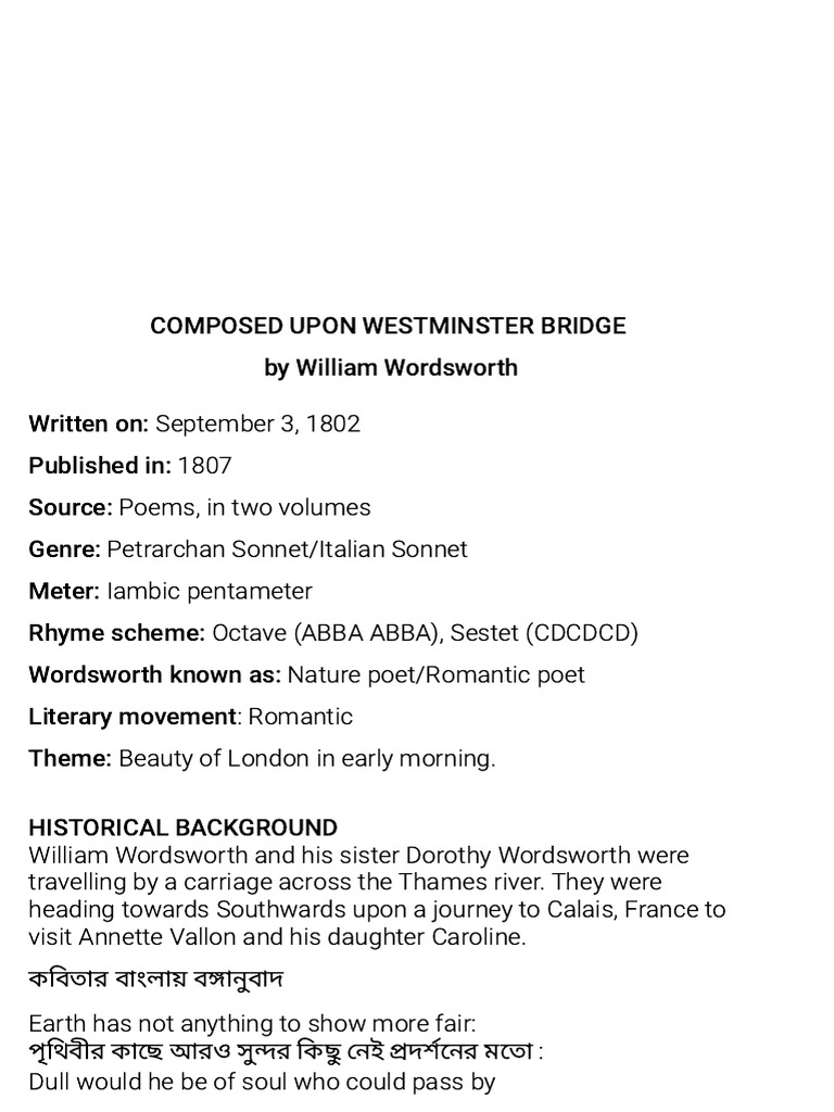 Composed Upon Westminster Bridge | PDF | William Wordsworth | Sonnets