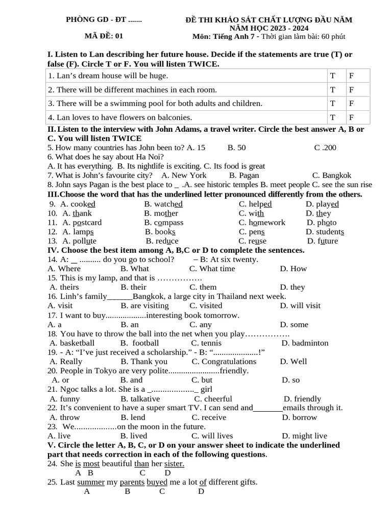 ĐỀ KSCL ĐN A7-Global Success-2023-2024 | PDF