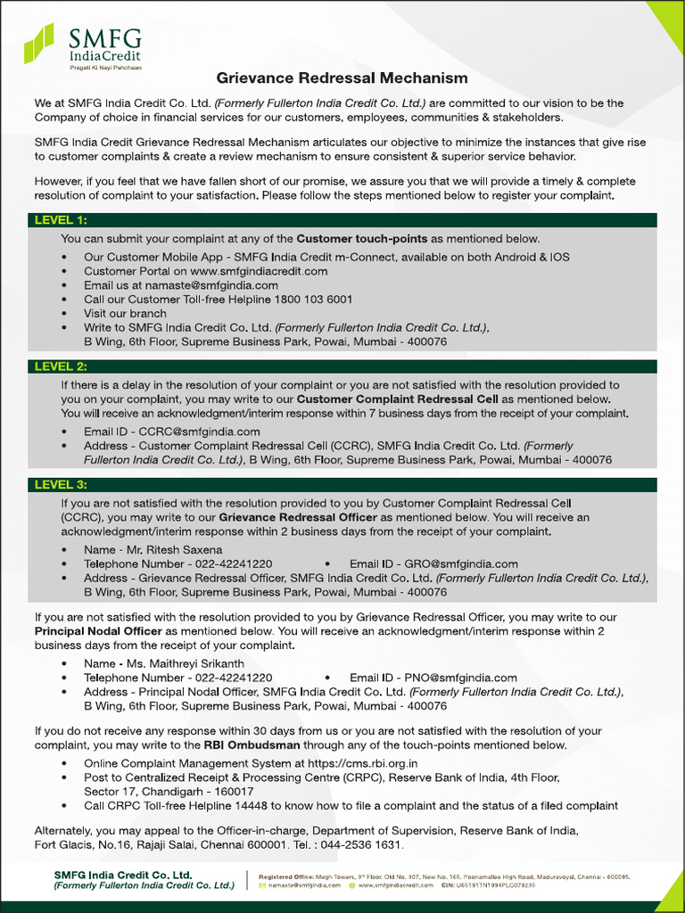 SMICC Grievance Redressal Mechanism English | PDF