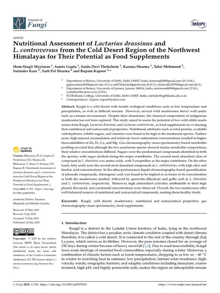 Nutritional Profiling of Wild Mushrooms From Kargil | PDF | High ...