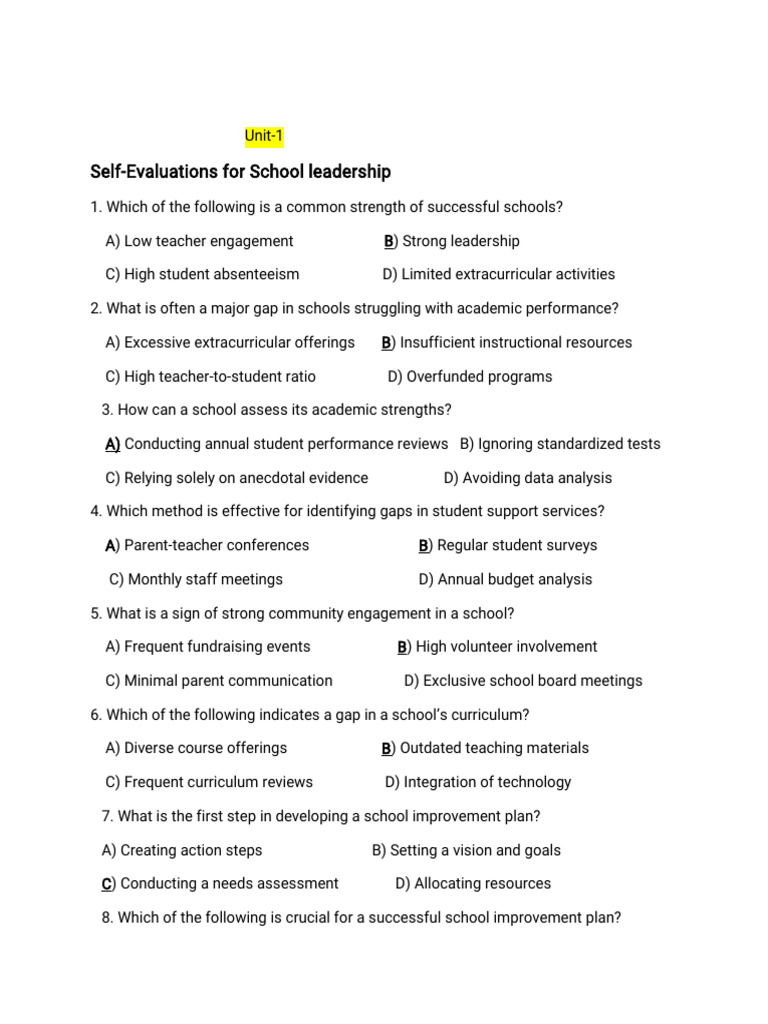 Chapter One CH 1 Self Evaluation Questions For School Leadership | PDF