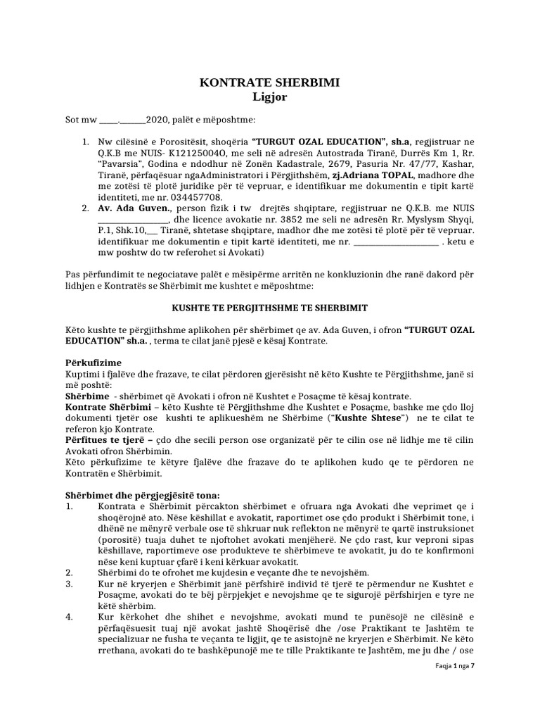 Kontrate Sherbimi Ligjor Turgut Ozal Shembull | PDF