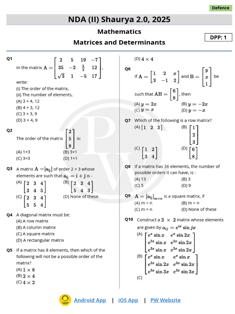 Matrices and Determinants: DPP 01 | PDF | Matrix (Mathematics) | Functions And Mappings