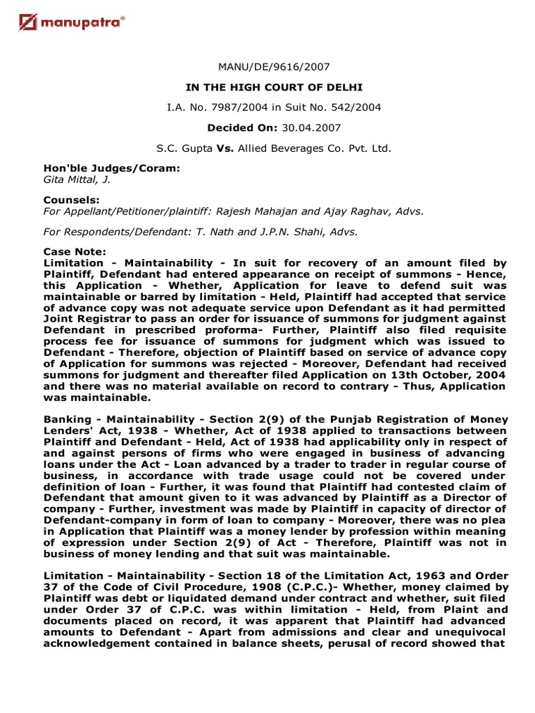 SC Gupta Vs Allied Beverages Co PVT LTD 30042007D072689COM709586 | PDF ...