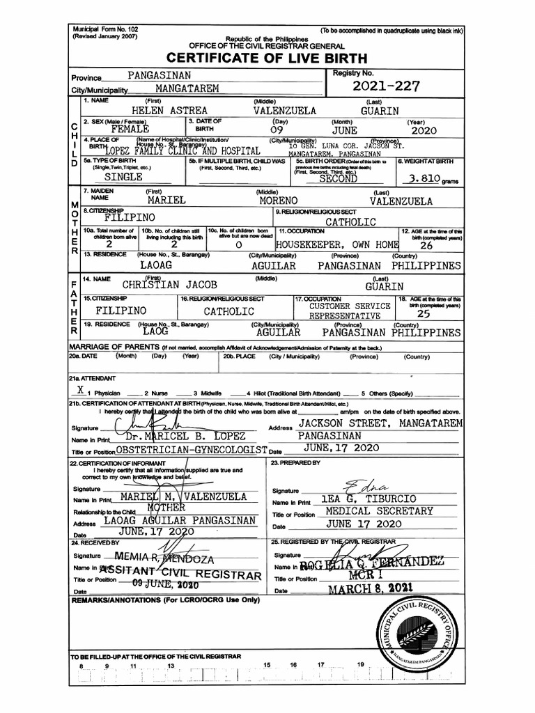 Certificate of Live Birth Helen | PDF
